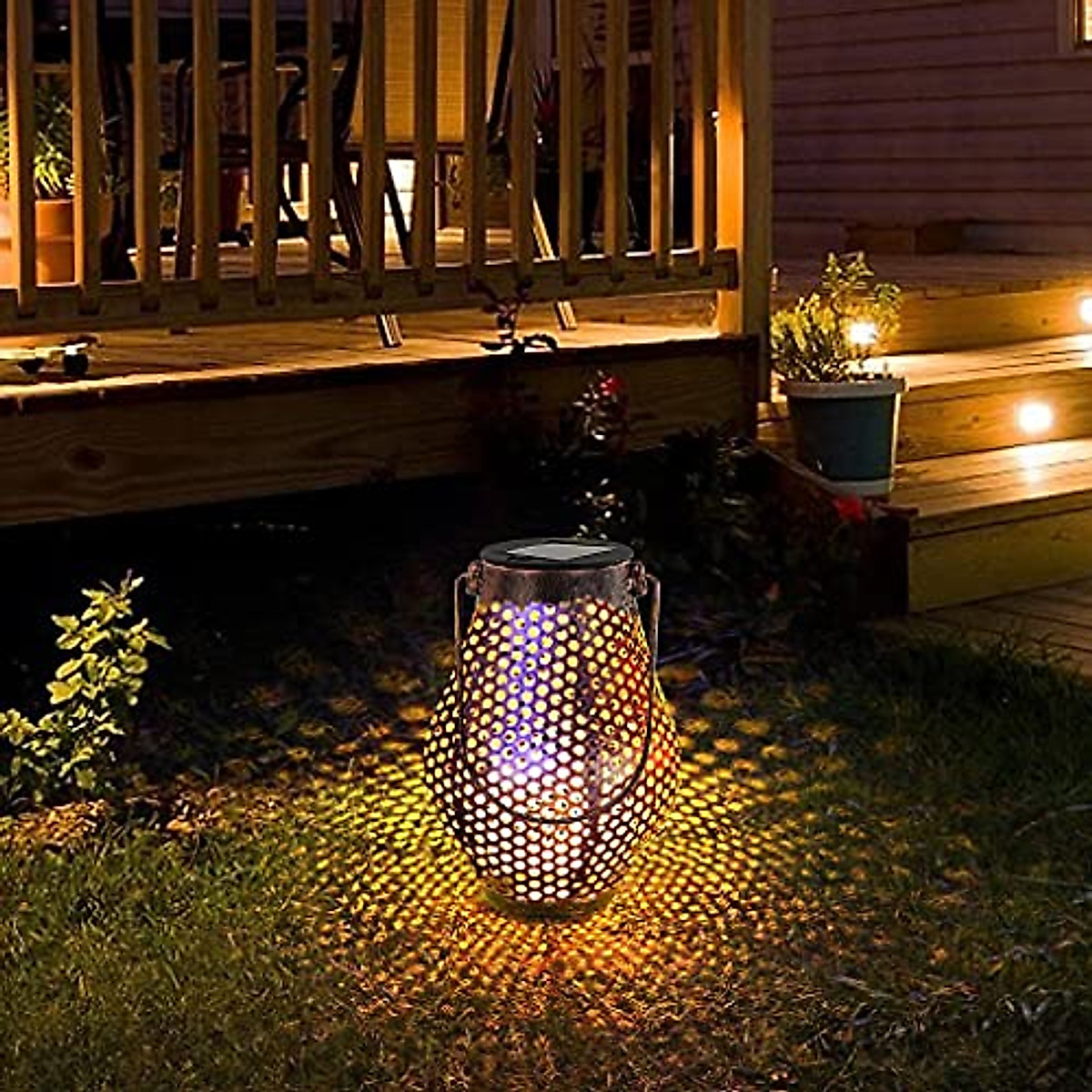 DJASM 2 Pieces Retro Wrought Iron Solar Led Lantern Outdoor Waterproof Hanging Lamp Light Control Induction Home Garden Lawn Landscape Lighting
