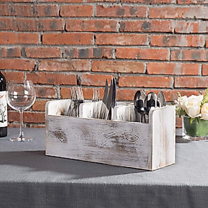 MyGift Whitewashed Wood Utensil Holder, Wooden Silverware Flatware Caddy with 3 Compartments, Countertop Cooking Utensil Storage Crock