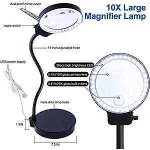 Magnifying Glass with Light and Stand, 10X 20X Magnifying Desk Lamp with Brightness Stepless Dimmable , Adjustable Gooseneck for Reading, Close Work, Hobbies