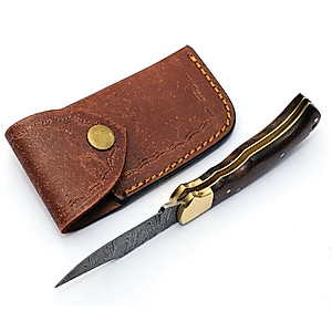 Sky Knives 6.5" Handmade Damascus Steel Folding Hunting Knives For Men, Pocket Knife For Camping, Survival, Skinning And Outdoor Activities With Leather Sheath. (Rosewood)
