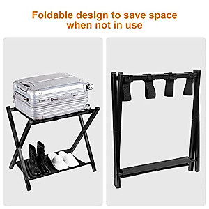 Heybly Luggage Rack Steel Folding Suitcase Stand with Storage Shelf for Guest Room Bedroom Hotel (Black, 2)
