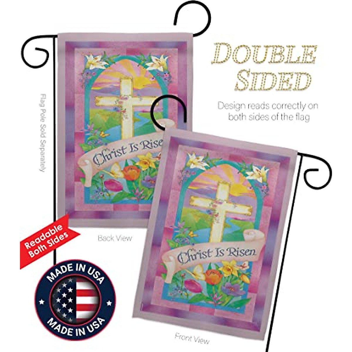 Breeze Decor Christ is Risen Garden Spring Easter Egg Bunny Chicks Cross Religious Christian Rejoice Tulip Decorative Gift House Banner Double Sided, Thick Fabric, Small Flag Only