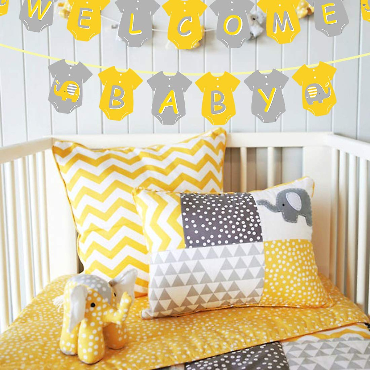 JOYMEMO Yellow Grey Elephant Baby Shower Decorations Neutral for Boy or Girl, Welcome Baby Banner Elephant Garland Confetti Balloons for Gender Neutral Baby Decor
