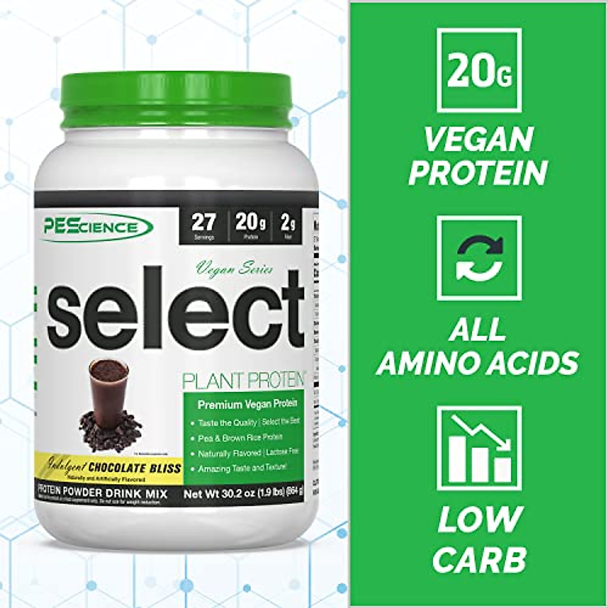 PEScience Select Vegan Plant Based Protein Powder, Chocolate, 27 Serving, Pea and Brown Rice Blend