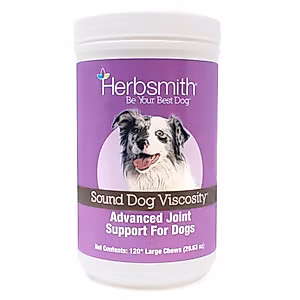 Herbsmith Sound Dog Viscosity – Advanced Joint Support for Dogs – Veterinarian Recommended Glucosamine for Dogs, Hyaluronic Acid, Chondroitin, MSM – Natural Arthritis Pain Relief – 120ct Large Chews
