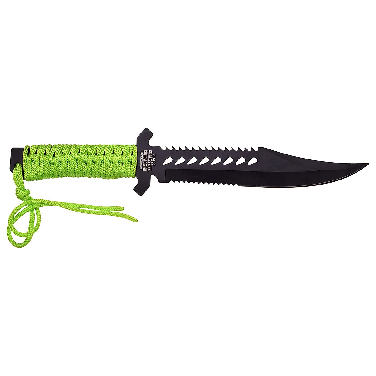 Z-Hunter – Fixed Blade Survival Knife – Partially Serrated Black Steel Blade with Sawback, Full Tang, Green Cord Wrapped Handle w/Lanyard, Nylon Sheath, Outdoor, Hunt, Camp, Hike, Survival, ZB-103