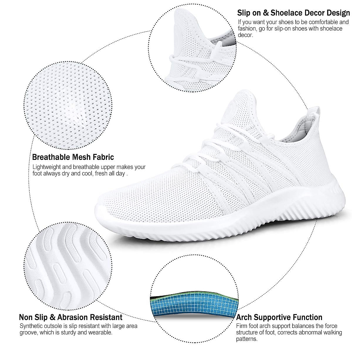 Feethit Womens Slip On Running Shoes Non Slip Walking Shoes Lightweight Gym Workout Shoes Breathable Fashion Sneakers All White Size 6.5