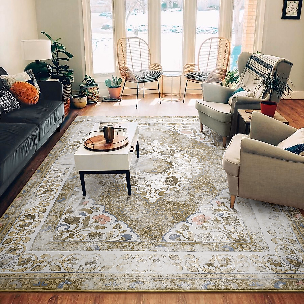 B BENRON Soft Living Room Rug 4x6, Brown, Thin Rugs for Bedroom, Floral Rug with Memory Foam, Low-Pile Area Rug Home Decor