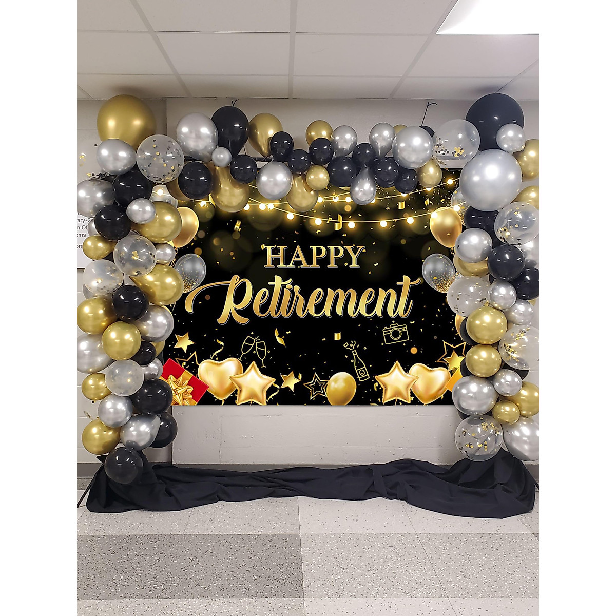 Avezano Happy Retirement Backdrop Black and Gold Happy Retirement Sign Banner Photo Background with Rope for Retirement Party Decorations (70.8x43.3inch)