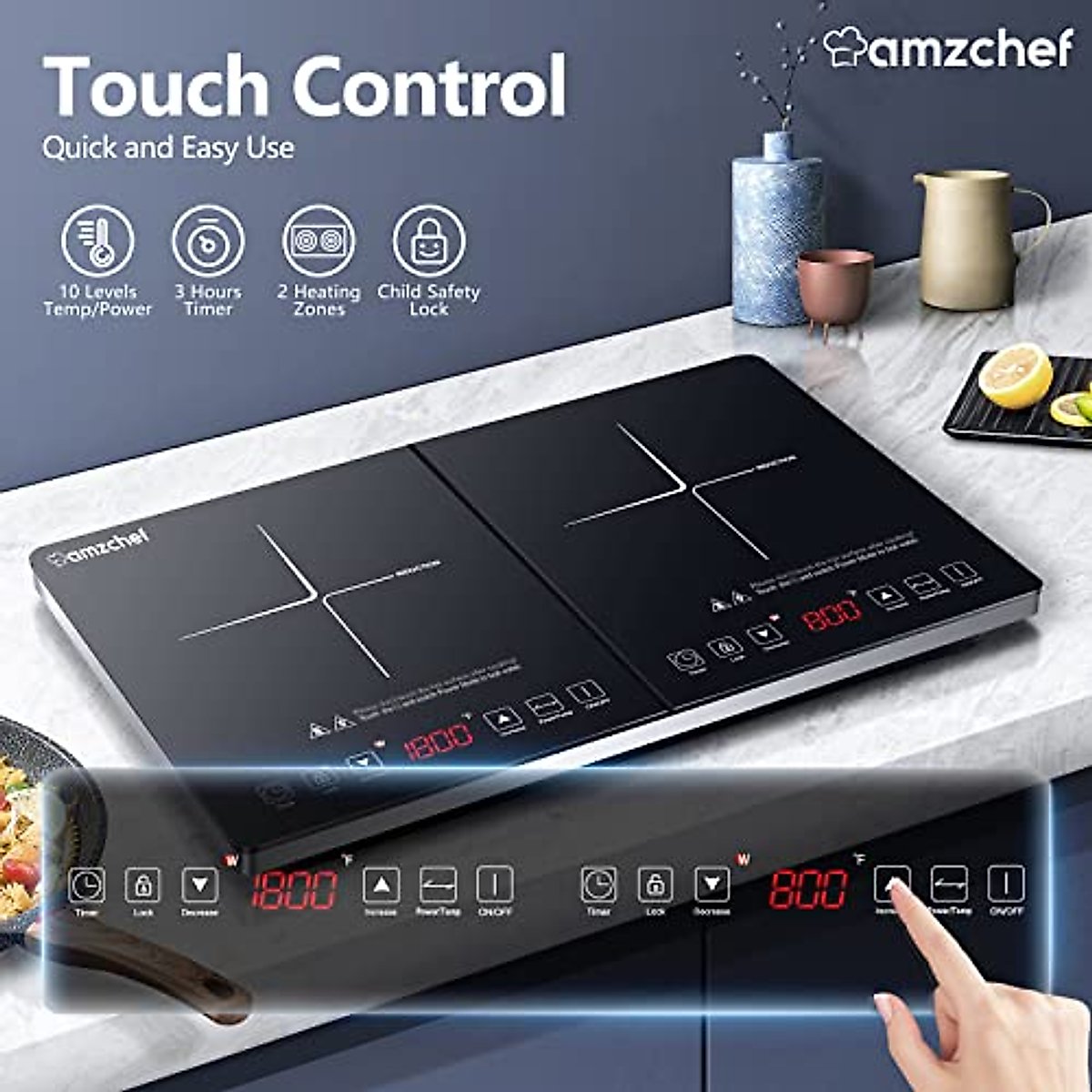 Double Induction Cooktop AMZCHEF Induction Cooker 2 Burners, Low Noise Electric Cooktops With 1800W Sensor Touch, 10 Temperature & Power Levels,Independent Control,3-hour Timer, Safety Lock