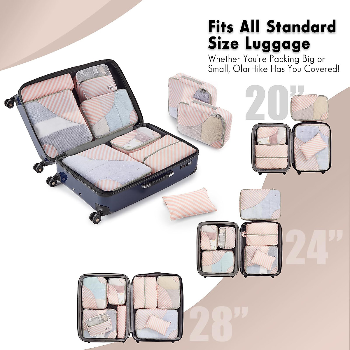 OlarHike Travel Essentials ALL INCLUDED 10 Set Sturdy Packing Cubes for Suitcases, UPGRADED Anti-Tear Stitching, NEW Improved Luggage Packing Organizers for Travel Accessories(Pink stripes)