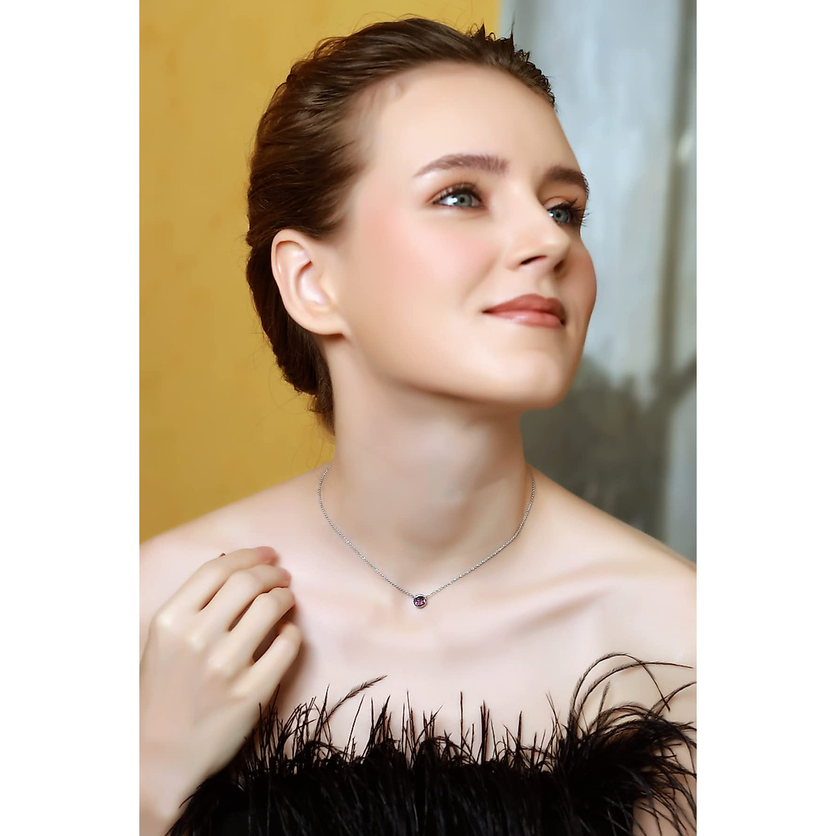 B. BRILLIANT Purple Necklace for Women Solitaire Bezel Genuine Amethyst Gemstone Sterling Silver Chokers Bridesmaids Fashion Stacking Trendy Birthday