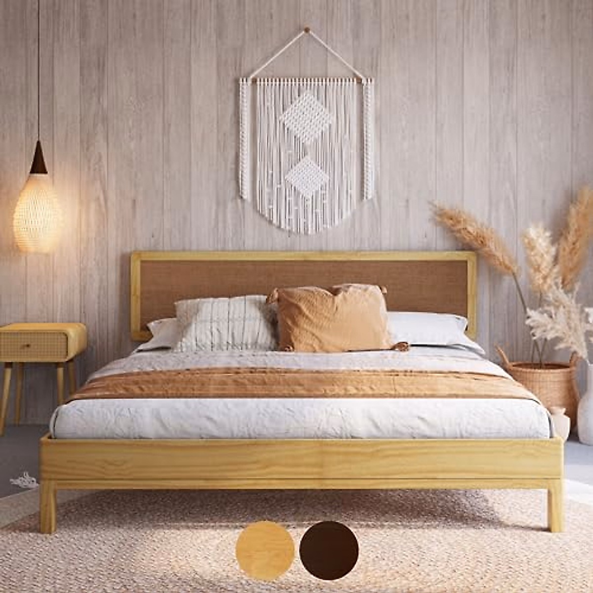 Bme Nipe 14 Inch Deluxe Bed Frame with Adjustable Headboard - Rustic & Bohemian Unique Style with Acacia Wood - No Box Spring Needed - 12 Strong Wood Slat Support - Easy Assembly - King, Natural