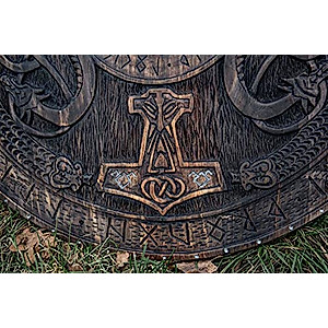 Kasmiartgallery Medieval Viking Shield with Carved Norse Runic Ornaments Shield Celtic Ornament Green