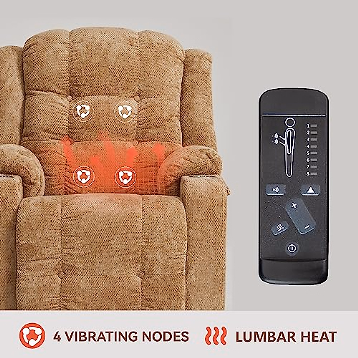 Creatuis Large Lift Recliner Chair for Elderly with Massage and Heat Lay Flat Electric Power Lift Chair LED Reading Light USB Port Cup Holders Side Pocket Plush Chenille (Light Brown)