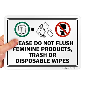 SmartSign 7 x 10 inch “Please Do Not Flush Feminine Products, Trash Or Disposable Wipes” Bathroom Etiquette Sign, 55 mil HDPE Plastic, Multicolor, Made in USA