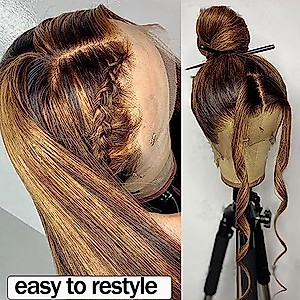 28inch Honey Blonde Lace Front Wig Human Hair 13x4 HD Transparent 4/27 Highlight Ombre Lace Front Wigs Human Hair Pre Plucked With Baby Hair 180% Density Body Wave Human Hair Wigs