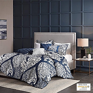 Madison Park Vienna Cotton Poly Blend Duvet Set - Classic Traditional Design, Cozy All Season Comforter Cover, Matching Shams, Decorative Pillows Vienna, King/Cal King(104"x92"), Indigo 6 Piece