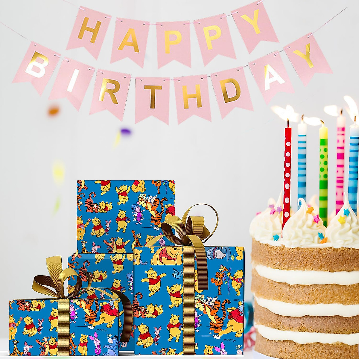 EYQQM Pack of 5 Pooh Gift Wrapping Paper 20" x 30" Kraft Paper Pooh Bear and Tigger Wrapping Paper Sheets Pack for Kids Birthday, Party Storage Festive Decoration (Blue Friends)