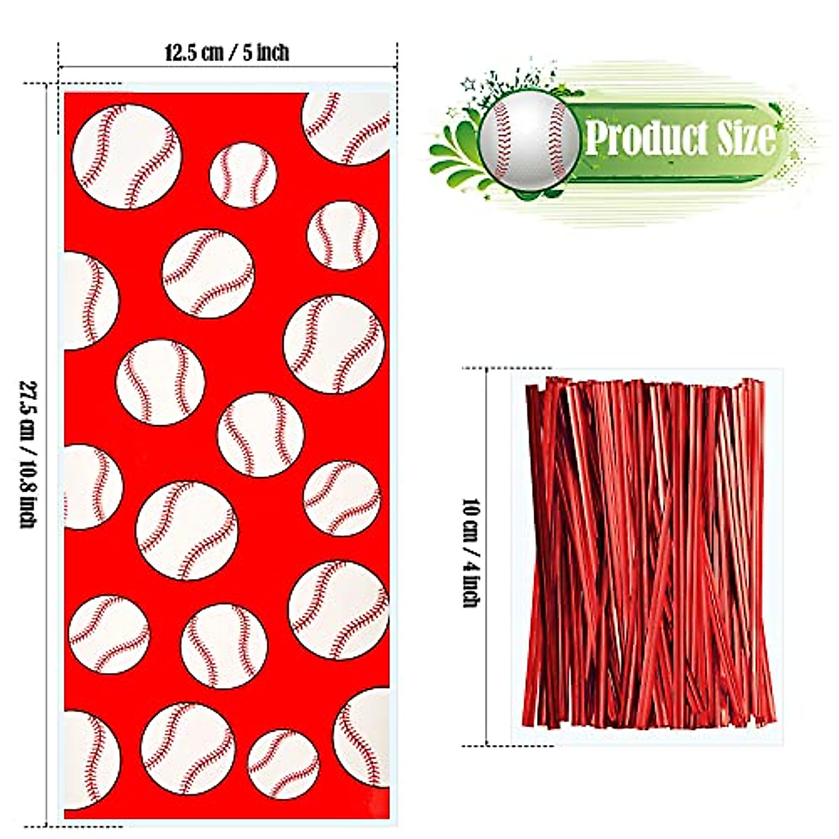 100 Pieces Baseball Treat Candy Bags Baseball Cellophane Bags Baseball Goody Plastic Bags with 200 Pieces Twist Ties for Baseball Birthday Party Supplies Decorations (Red)