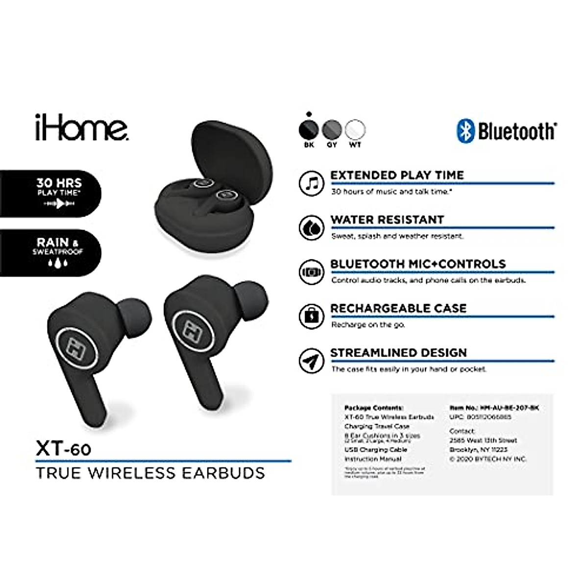 iHome XT-60 True Wireless Earbuds with Rechargeable Travel Case, Bluetooth Earphones with Microphone and Touch Control, Black