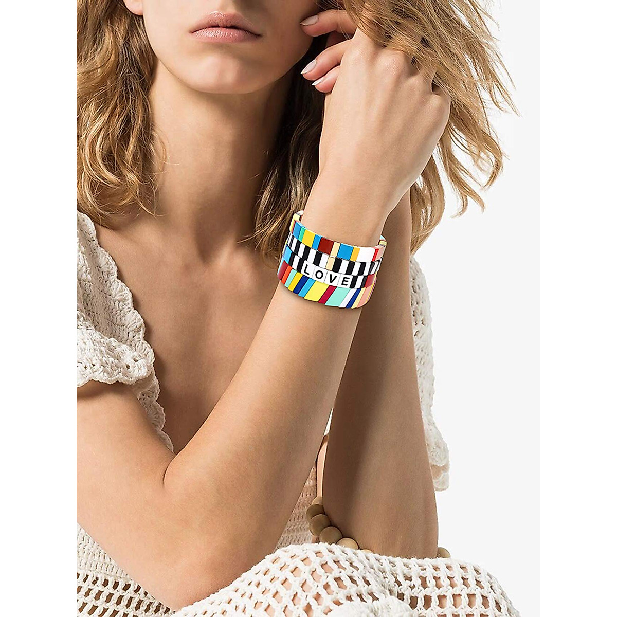 HZEYN Enamel Tile Bracelet Stackable Rainbow Tile Bead Love Stretchy Bracelet Colorblock Enamel Brite Bracelet for Women Set of 4 Strands