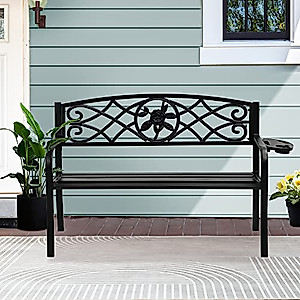 YITAHOME Outdoor Bench 50" Metal Bench with Cup Holder Rose Pattern Patio Bench with Backrest and Armrest for Porch Lawn Balcony Backyard and Indoor Black