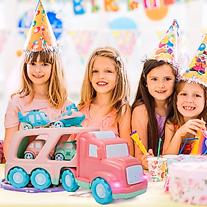 KOODER Cartoon Car Toys Set for 3 4 5 6 Years Old Toddlers Kids, Pink Truck ​with Sound and Light, Pink Car Toy Set in Friction Powered Carrier Truck, Christmas Birthday Gifts for Boys and Girls