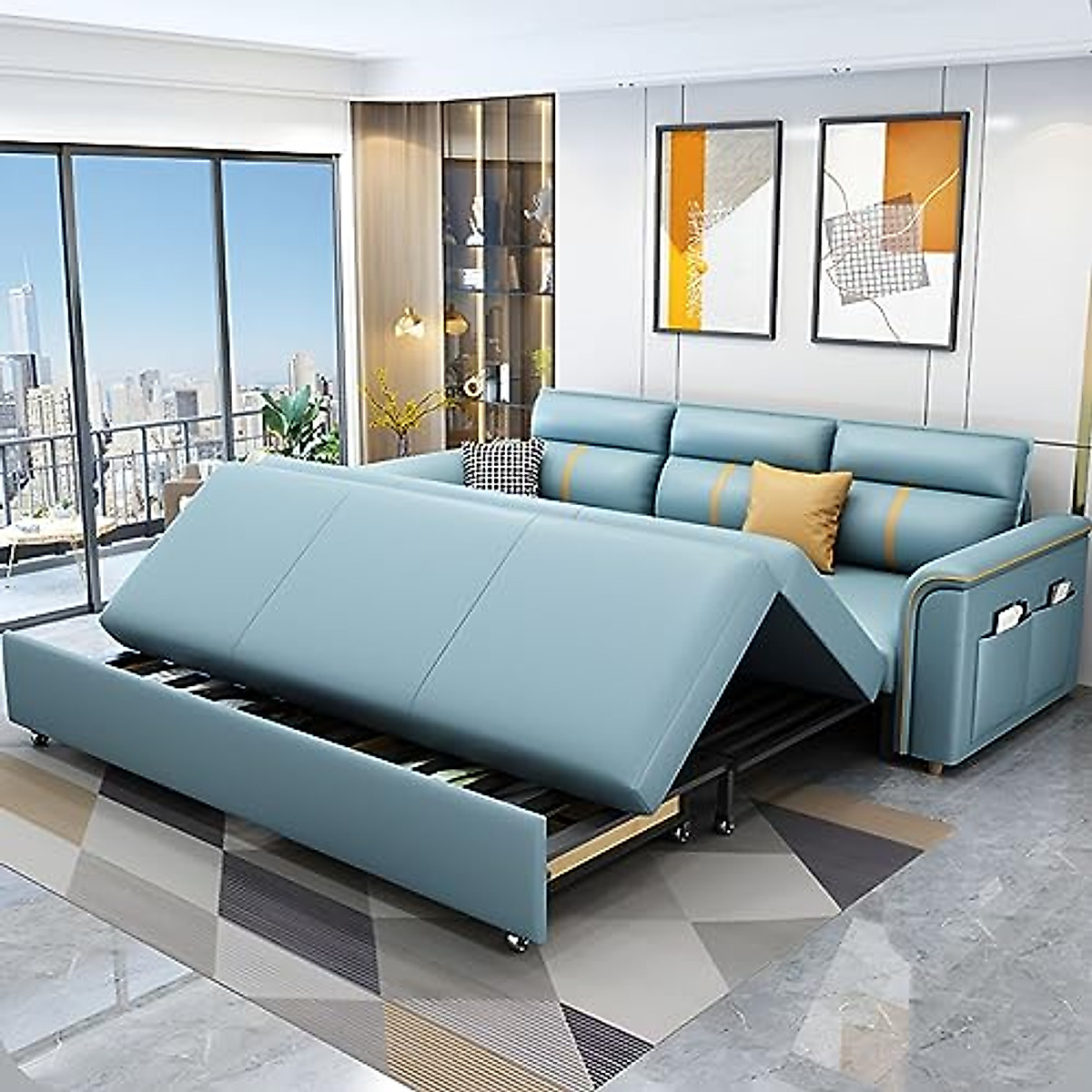 LAKIQ Contemporary Blue Sofa Bed with Storage Faux Leather, Metal, Sponge Seat Fill Loveseat Couch (94.5" L x 31.5" W x 33" H)