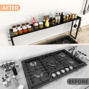 STWWO Over the Stove Shelf, 31.5" Stove Top Shelf Spice Rack, Kitchen Countertop Organizer with 6 Hooks, Seasoning Organizer, Black