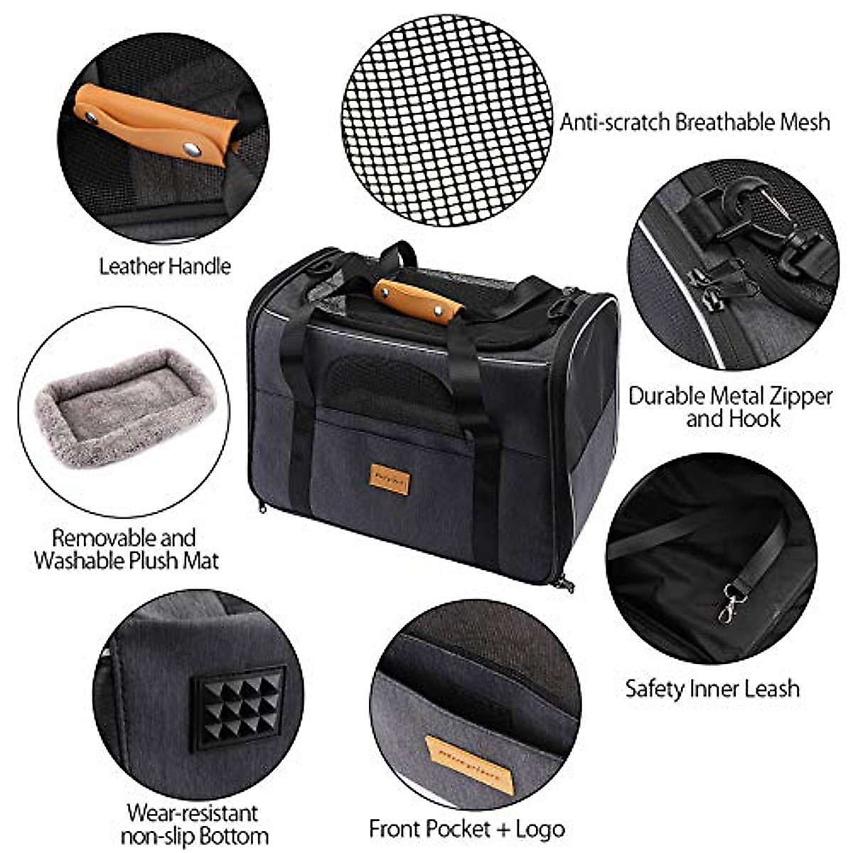 Cat Carrier Dog Carrier, Pet Travel Carrier Airline Approved for Small Dogs Puppies Cats of 15lbs, Portable Pet Transport Bag with Adjustable Shoulder Strap + Removable Soft Cushion + Foldable Bowl