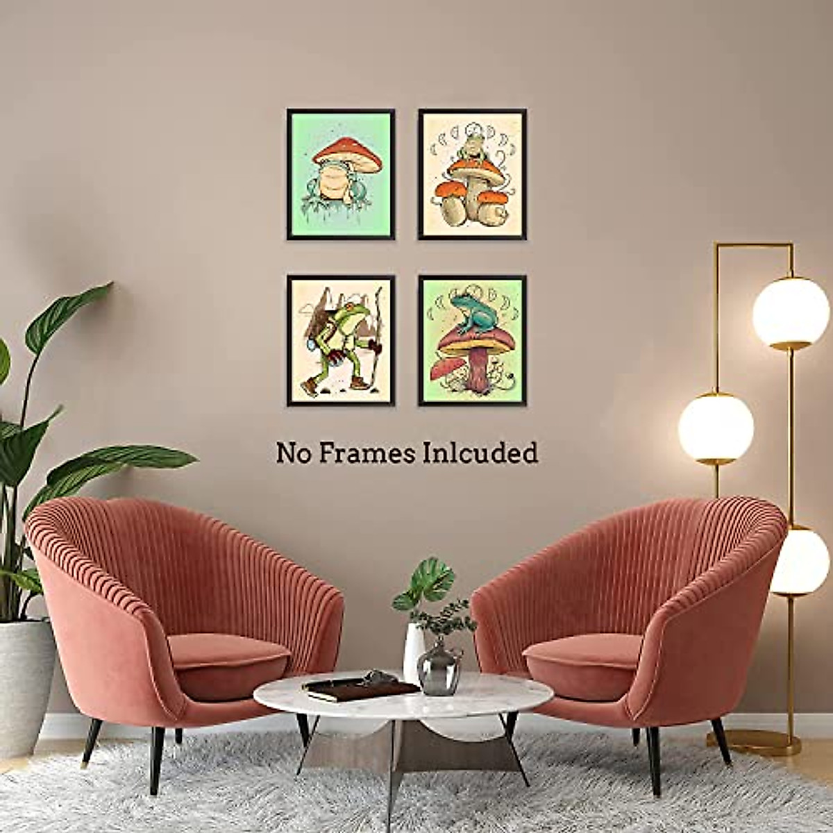 Funny Frog Posters Vintage Frog Mushroom Wall Art Prints, Retro Cute Frog Mushroom Creativity Nature Illustration Canvas Art Prints for Bathroom Bedroom Living Room Decor, Set of 4-(8”x10”, Unframed)