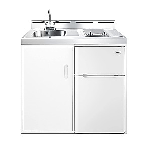 Summit C39ELGLASS 39"" All-In-One Kitchenette with 2 Element Smooth-top Cooktop Refrigerator-Freezer Stainless Steel Sink and Storage Cabinet in White