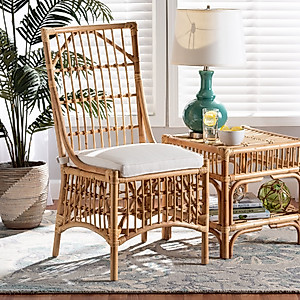 Baxton Studio Rose Dining Chair Dining Chair White Fabric Upholstered and Natural Brown Rattan Dining Chair
