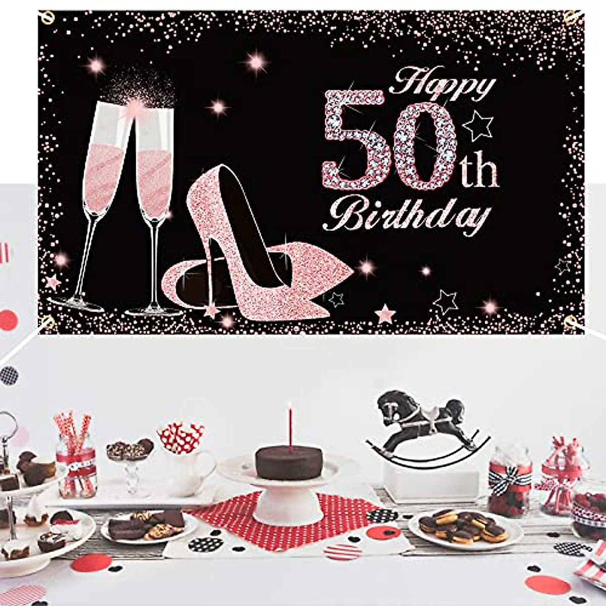 Excelloon Happy 50th Birthday Banner Backdrop Decorations for Women, Rose Gold Happy 50 Year Old Birthday Party Poster Supplies Photo Props, Fifty Birthday Party Decor Sign (6 X 3.6ft)