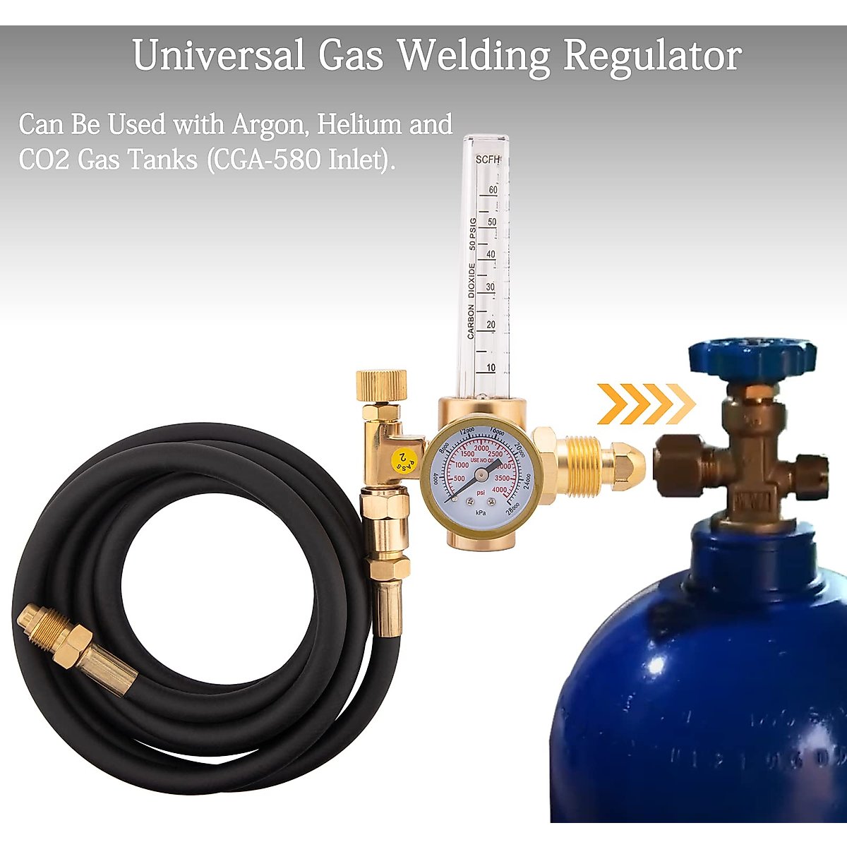 Argon/CO2 Flow Meter Gas Regulator Compatible with Mig Tig Welder Regulator with 6.6FT Gas Hose 10 to 60 CFH Output Flow 0 to 4000 PSI - CGA-580 Inlet argon flow gauge welding regulator