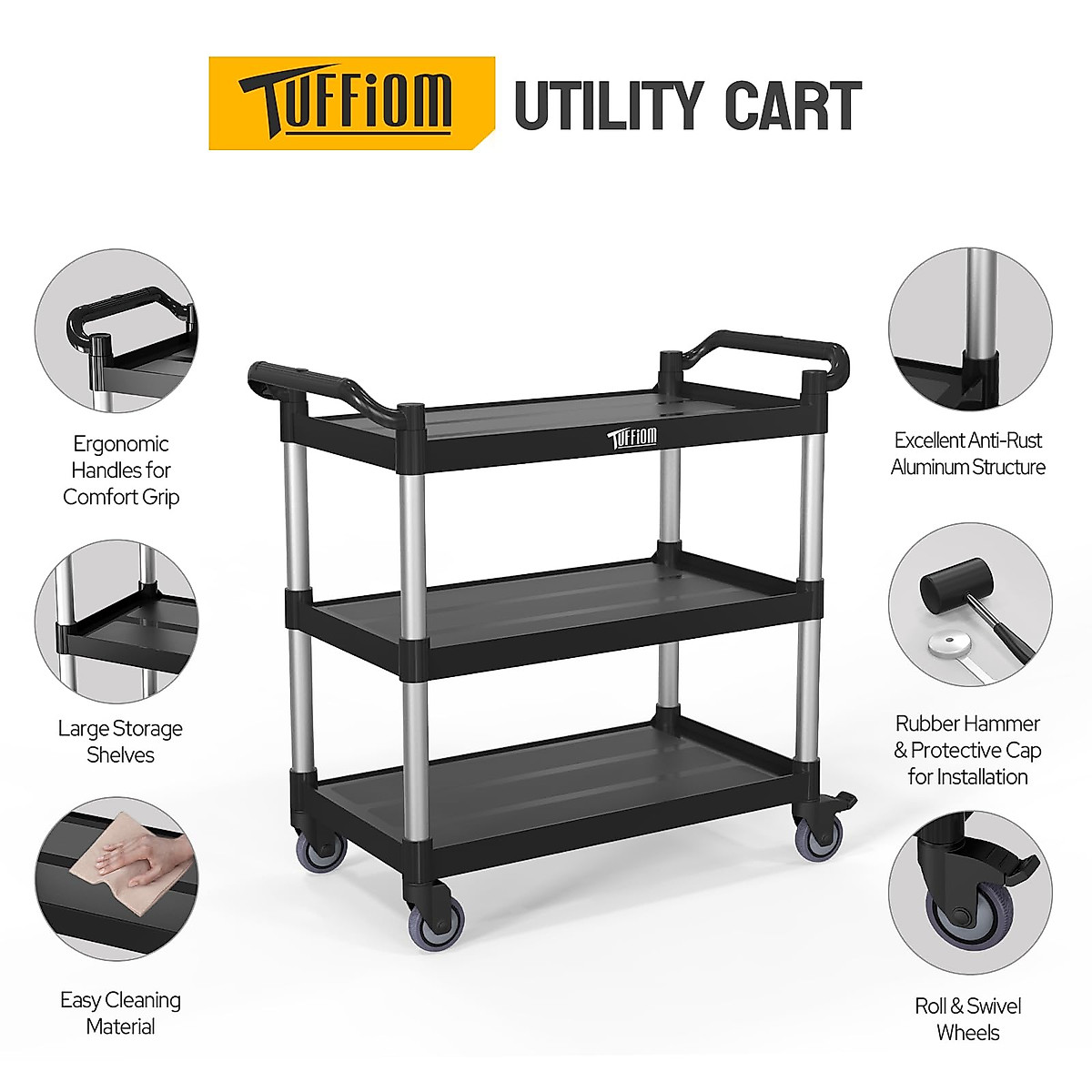 TUFFIOM Plastic Service Utility Cart with Wheels,Heavy Duty 450lbs Capacity, 3-Tier Commercial Rolling, Ideal for Restaurant, Foodservice, Office, Warehouse, Black 40.4''L x 19.7''W x 38.6''H