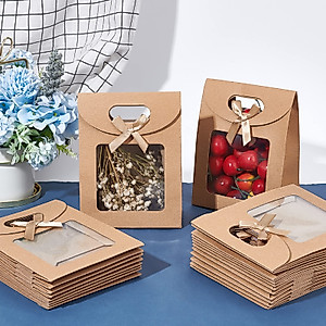 NBEADS 24 Pcs Kraft Paper Bags with Window, 4.7x2.4x6.2" Stand Up Gift Bag With Handles Brown Gift Bag with Clear Window for Candy Cookies Packaging Wedding Christmas Party Store Retail