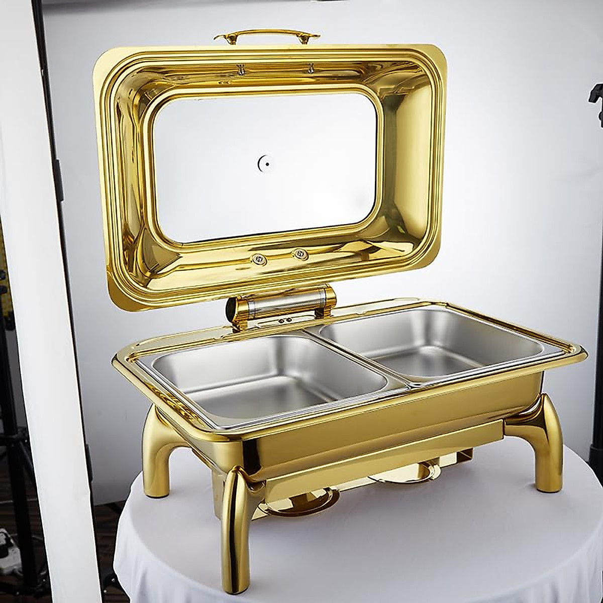 HONHPD Gold Chafing Dish Buffet Set,9 Quart Rectangular Chafer, with Glass Top, Soft-Close Lid,Food Pan, Water Pan and Fuel Holders, for Wedding, Parties, Banquet,Catering Events (2 Half Size)