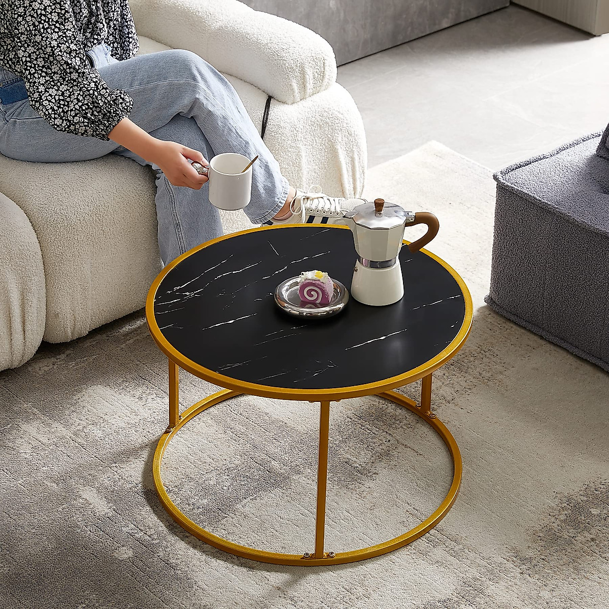 Round Coffee Table Living Room Side Tables Modern Marble Metal Frame Furniture Home Decor