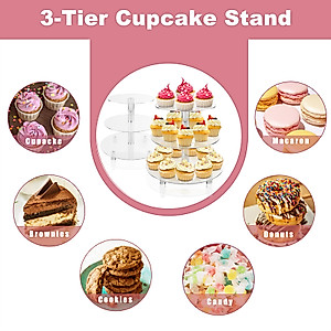 3 Tiers Round Cupcake Stand, Acrylic Cake Tower Stand Holder Macaron Display Rack Cookie Candy Buffet Desserts Platter with Base for Baby Shower, Birthday Party, Wedding, Party (3-Tiers with Base)