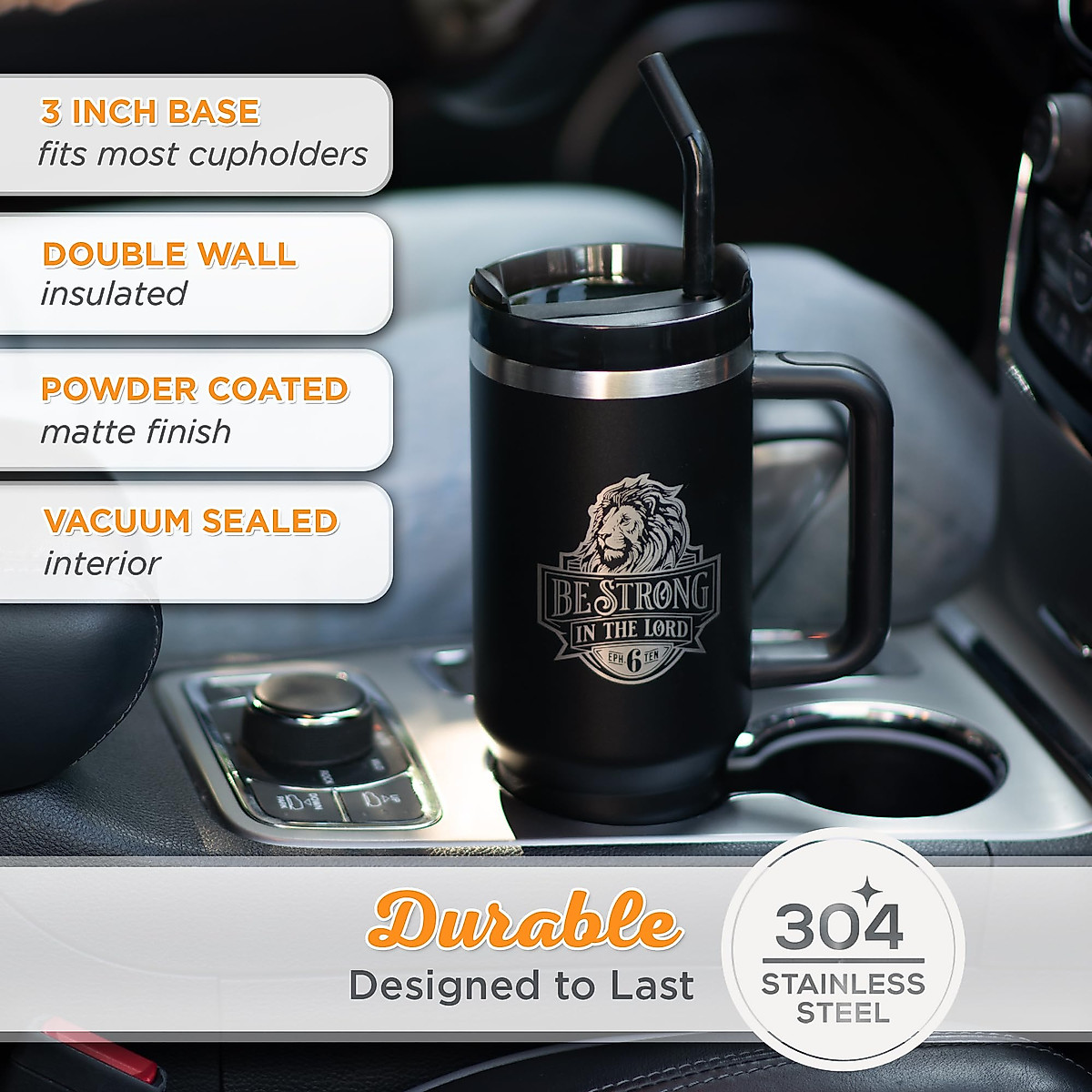 Christian Art Gifts Extra Large Stainless Steel Double Wall Vacuum Insulated Travel Tumbler for Men & Women: Be Strong Scripture, Silver Laser Engraved Lion, Lid, Straw, Wide Handle, Black, 40 oz.