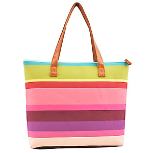 DEMOMENT Canvas Floral Shopping Zip Top Tote Bag GYM Hiking Picnic Travel Beach Pool Shoulder Book Bag (Blue and Rainbow)