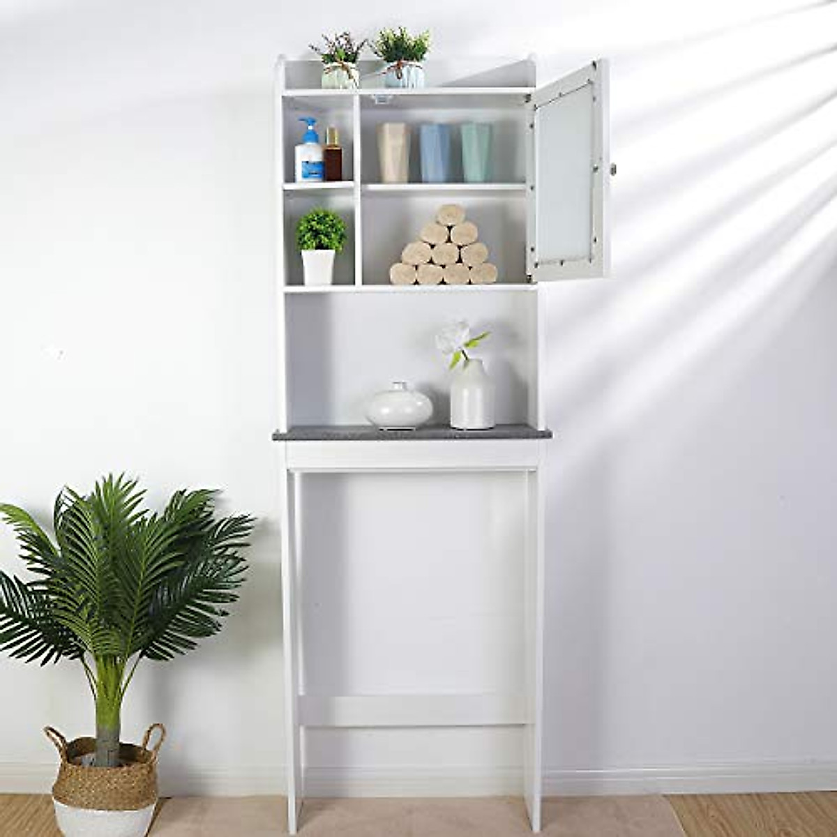 JungleA Over The Toilet Storage Wooden Cabinet Space Saver Bathroom Organizer for Home Bathroom Linens Toiletry White