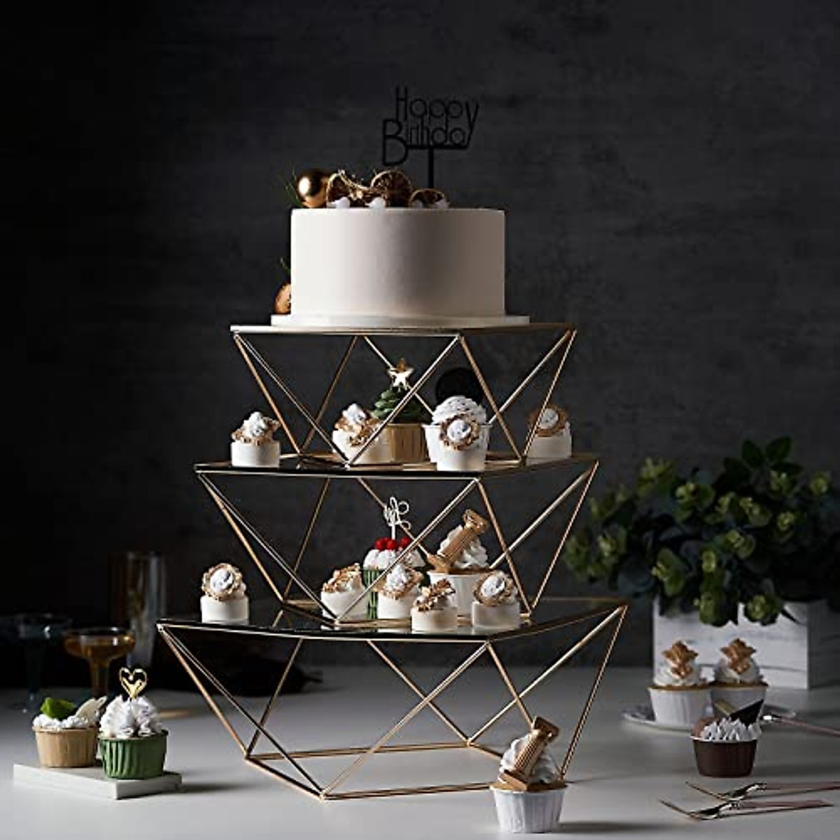 Efavormart 10" Square Gold Metal Geometric Cake Stand Gold Cake Riser with Glass Top Glossy Metallic Finish for Dessert Cupcake Pastry Candy Display Plate Event, Birthday Party