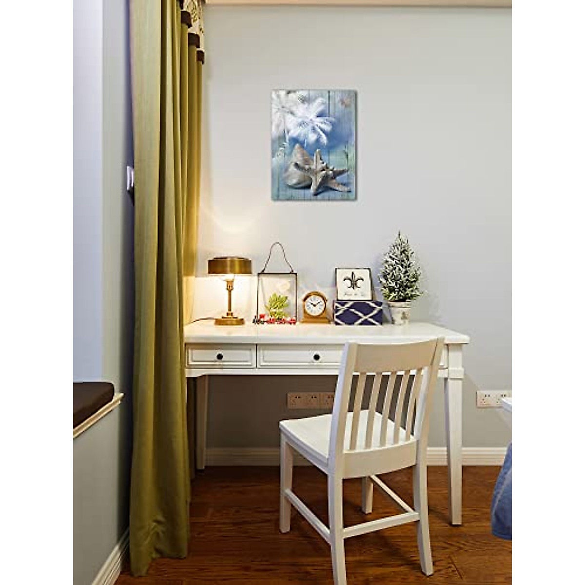 Bathroom Blue Ocean Picture Nursery Canvas Wall Art Palm Tree Coastal Conch Seashell Painting Starfish Modern Artwork Framed for Bedroom Living Room Home Office Wall Decor 12"x16"