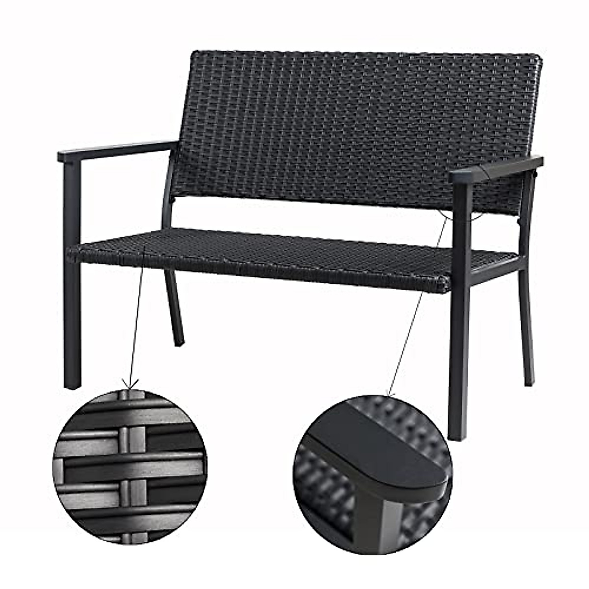 C-Hopetree Outdoor Loveseat Bench Chair for Outside Patio Porch, Metal Frame, Black All Weather Wicker