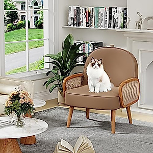 Aklaus Mid Century Modern Accent Chair Armchair with Rattan Arms Upholstered Rattan Boho Accent Chair for Living Room Bedroom Balcony Faux Leather Reading Chairs Side Club Chair Brown