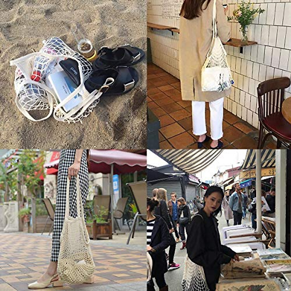 Ahyuan Ecology Reusable Cotton Mesh Grocery Bags 5Pack Long Hand Portable Washable Cotton Mesh String Organizer Shopping Bag Net Shopping Bags Net Tote Mesh Bags Fruit and Vegetable Bag (Beige)