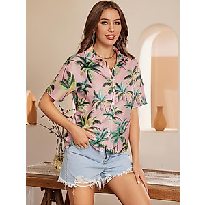 SweatyRocks Women's Short Sleeve Cute Print Button Down Shirt Tops Pink Green M